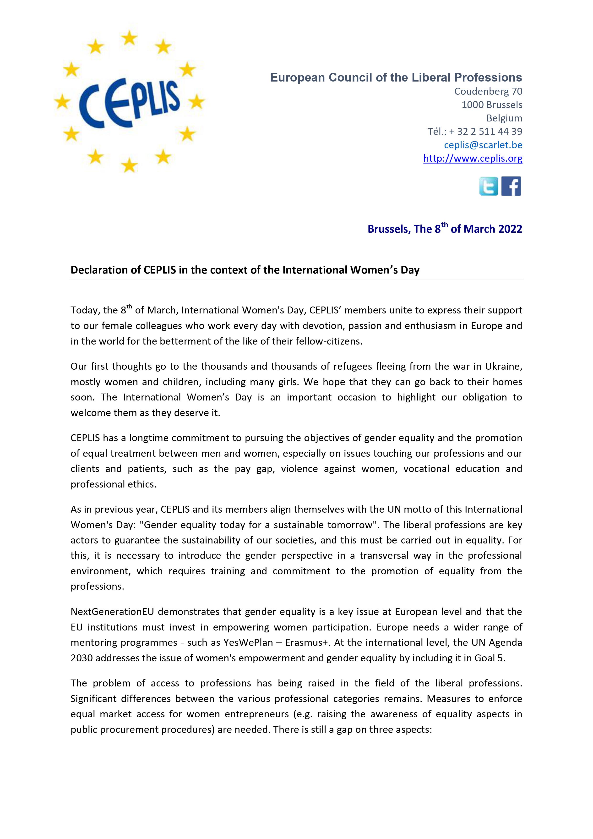 Declaration of CEPLIS in the context of the International Women’s Day ...